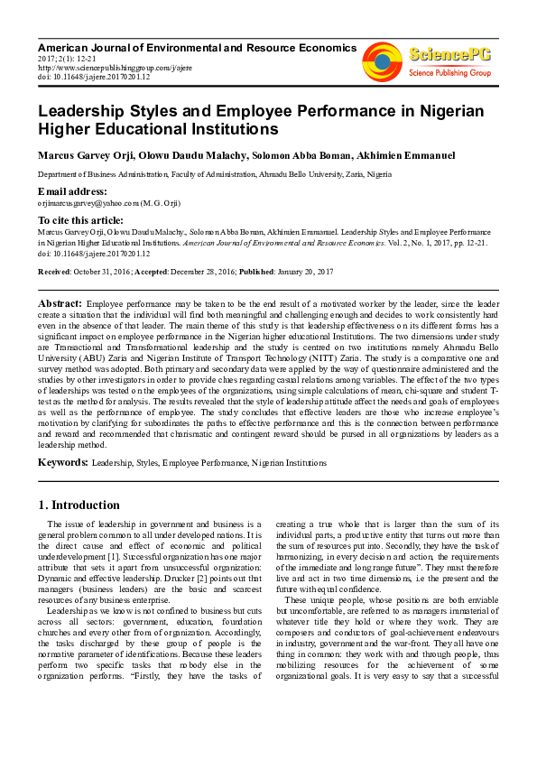 (PDF) Leadership Styles and Employee Performance in Nigerian Higher Educational Institutions
