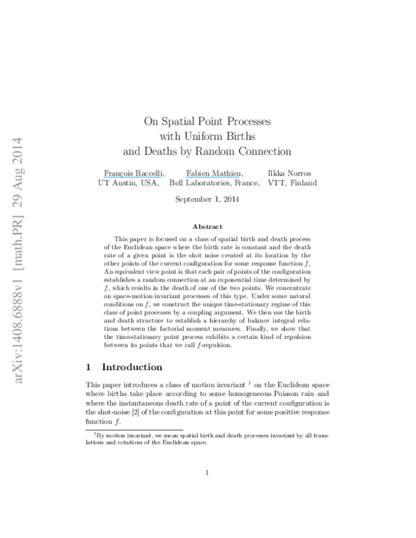 (PDF) On Spatial Point Processes with Uniform Births and Deaths by Random Connection | Fabien ...