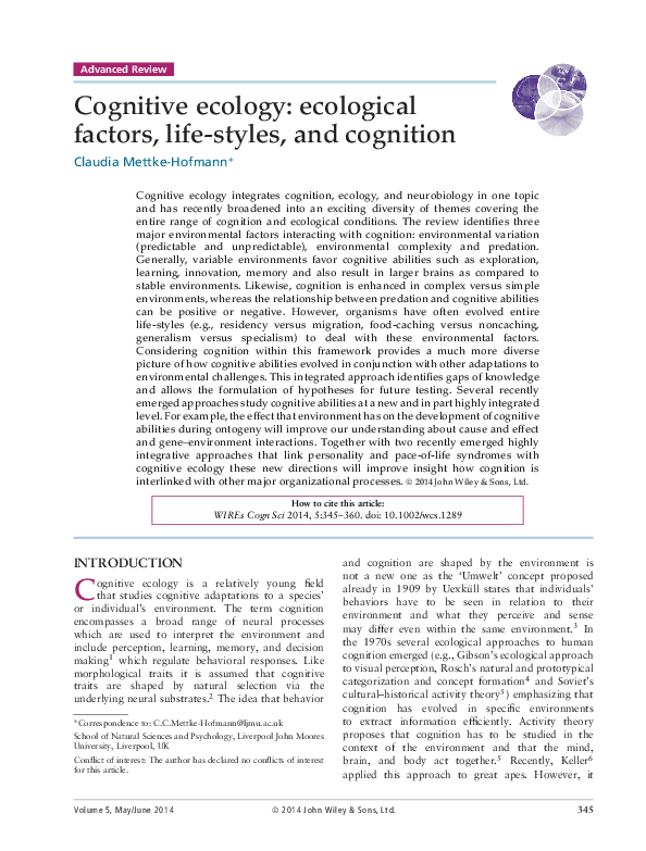 (PDF) Cognitive ecology: ecological factors, life-styles, and cognition