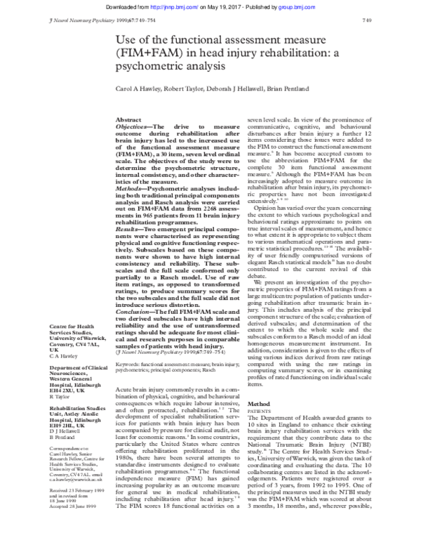Use of the functional assessment measure (FIM+FAM) in head injury ...