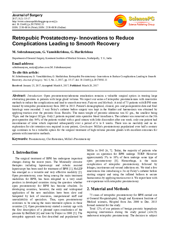 (PDF) Retropubic Prostatectomy-Innovations to Reduce Complications ...