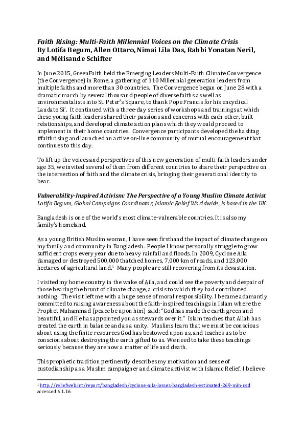 (PDF) Faith Rising: Multi-­‐Faith Millennial Voices on the Climate Crisis