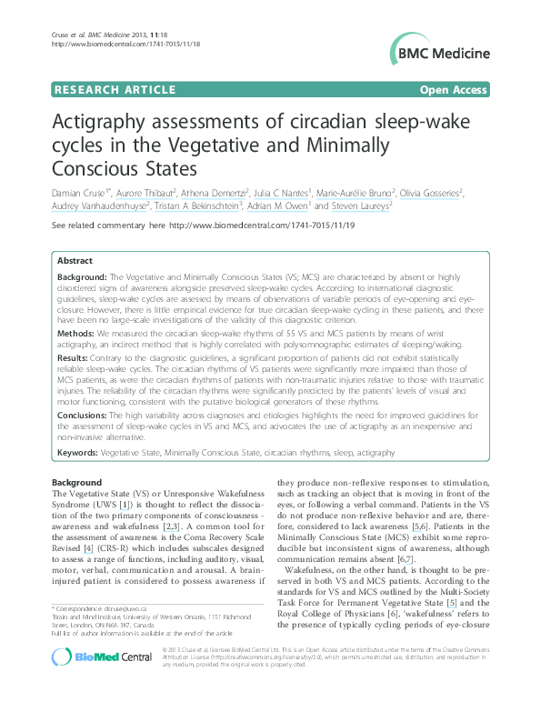 (PDF) Actigraphy assessments of circadian sleep-wake cycles in the Vegetative and Minimally ...