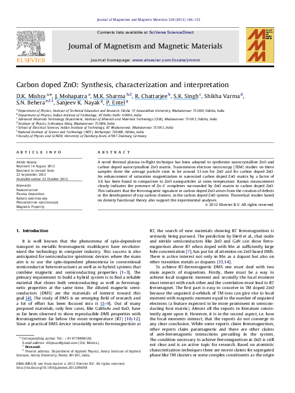 (PDF) Carbon doped ZnO: Synthesis, characterization and interpretation