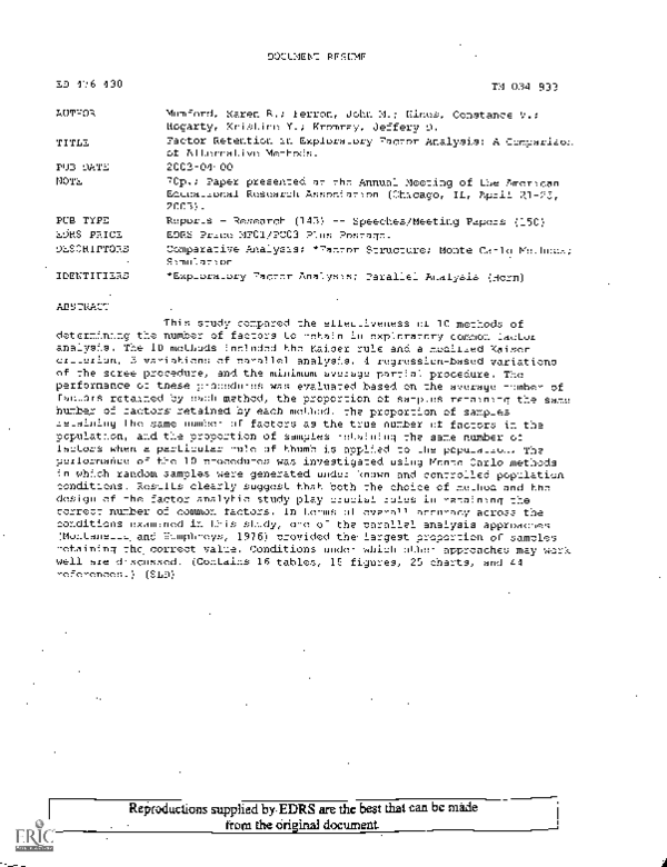 (PDF) Factor Retention in Exploratory Factor Analysis: A Comparison of Alternative Methods