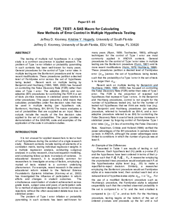 Pdf Fdrtest A Sas Macro For Calculating New Methods Of Error