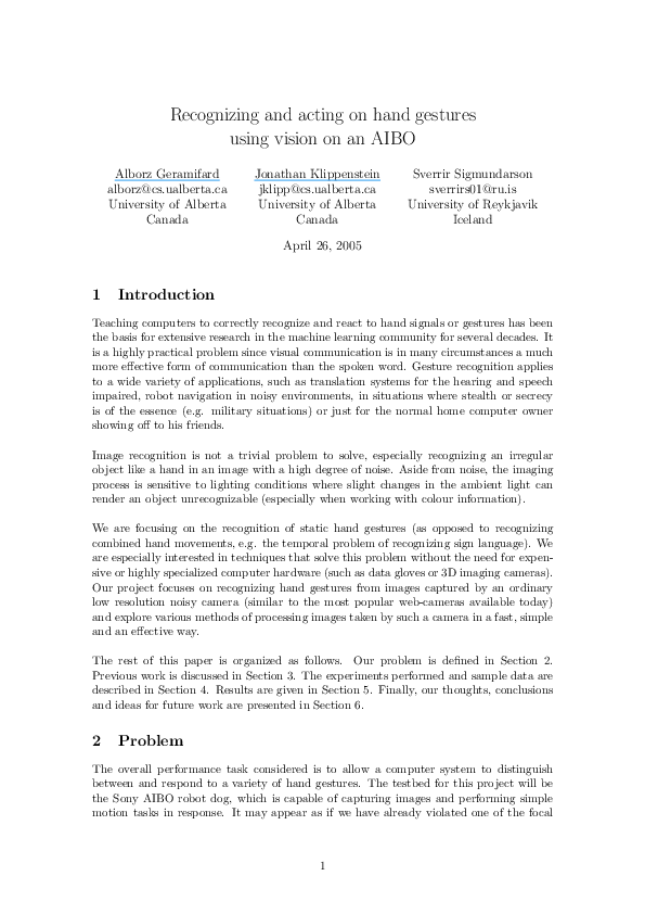(PDF) Gesture Recognition with AIBO's Vision System