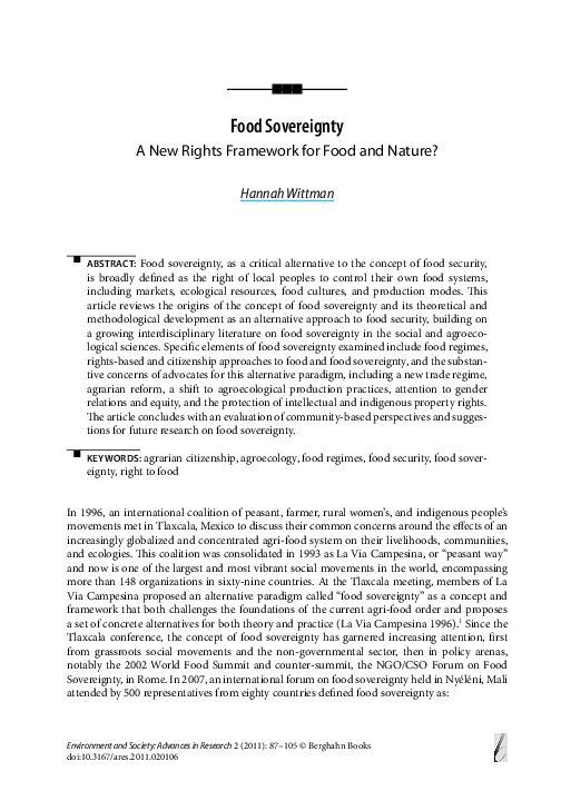 (PDF) Food Sovereignty: A New Rights Framework for Food and Nature?