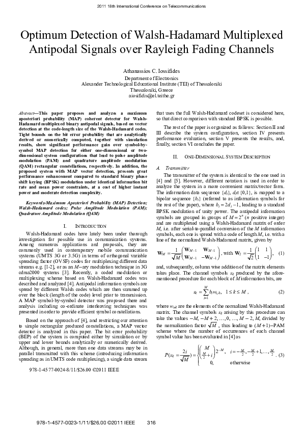 (PDF) Optimum detection of Walsh-Hadamard multiplexed antipodal signals over Rayleigh fading ...