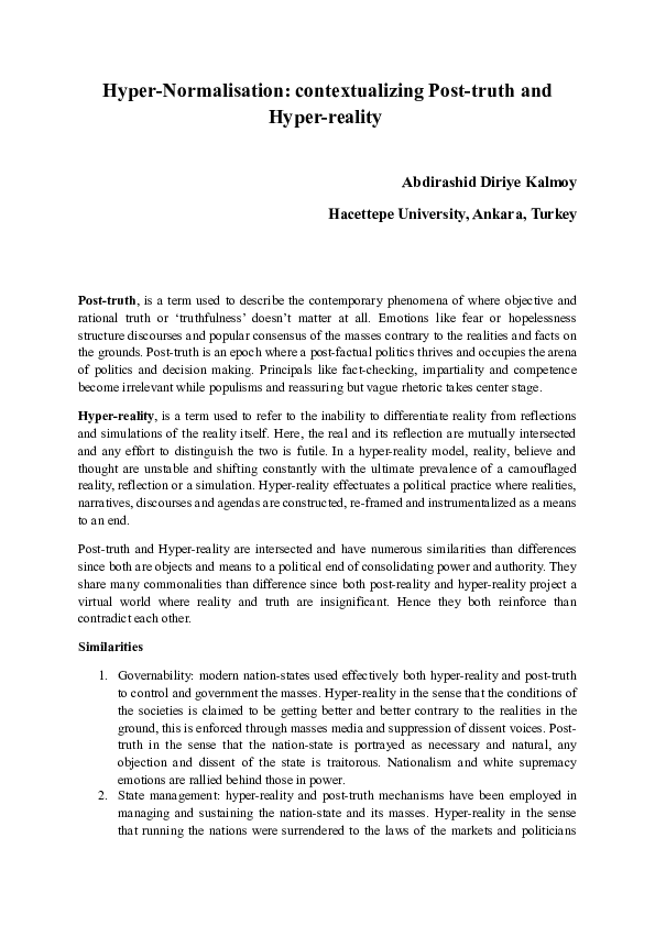 (DOC) Hyper-Normalisation: contextualizing Post-truth and Hyper-reality