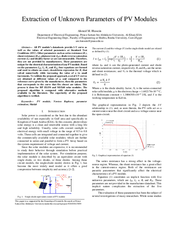 Pdf Extracting Unknown Parameters From Pv Modules