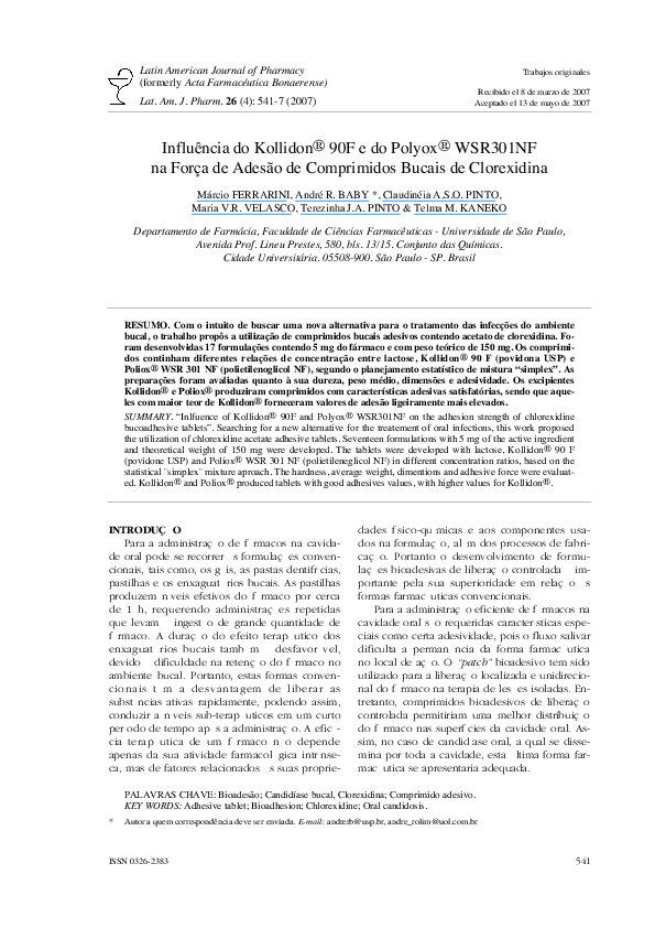 (PDF) Influência do Kollidon® 90F e do Polyox® WSR301NF na força de ...