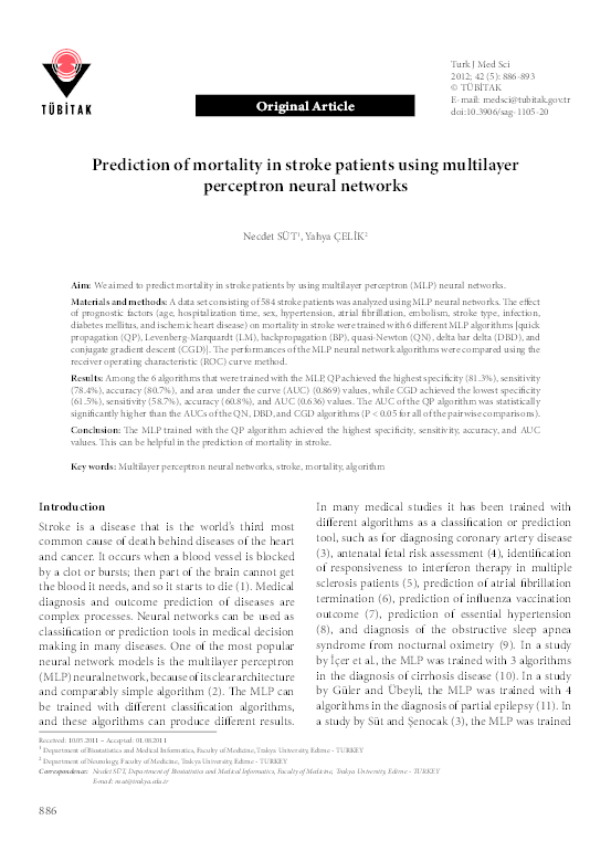 Pdf Prediction Of Mortality In Stroke Patients Using Multilayer Perceptron Neural Networks