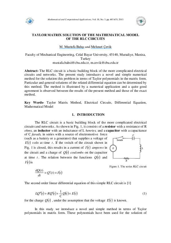 (PDF) Taylor Matrix Solution of the Mathematical Model of the RLC Circuits