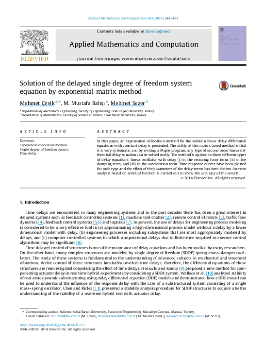 (PDF) Solution of the delayed single degree of freedom system equation by exponential matrix method