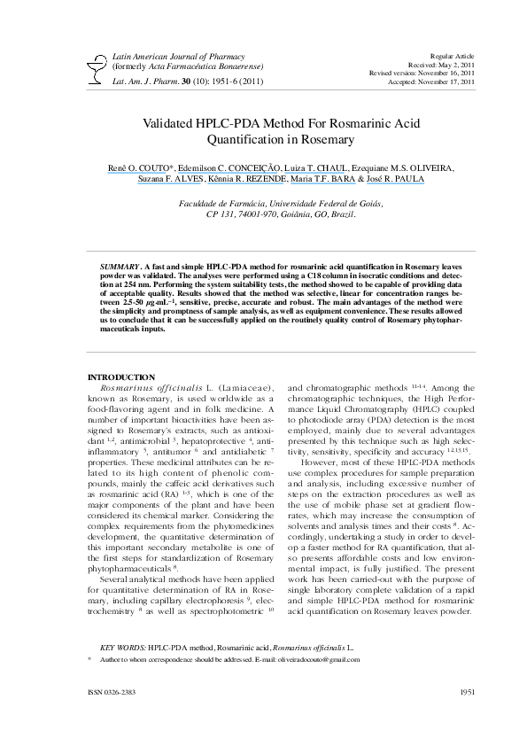 (PDF) Validated HPLC-PDA Method For Rosmarinic Acid Quantification in Rosemary