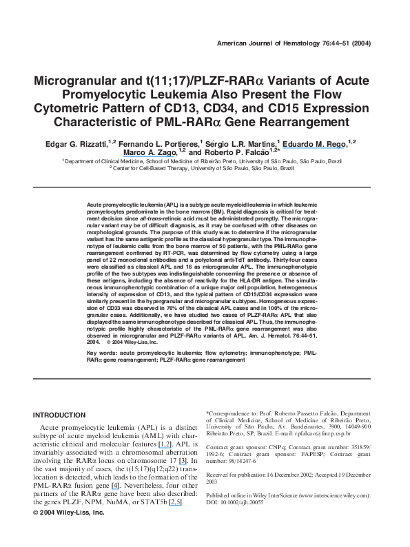 (PDF) Microgranular and t(11;17)/PLZF-RARalpha variants of acute ...