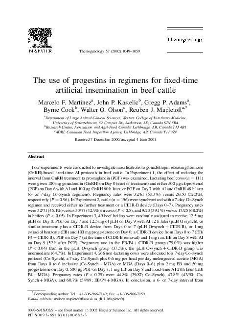 (PDF) The use of progestins in regimens for fixed-time artificial insemination in beef cattle