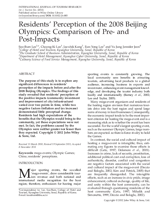 (PDF) Residents' Perception of the 2008 Beijing Olympics: Comparison of ...