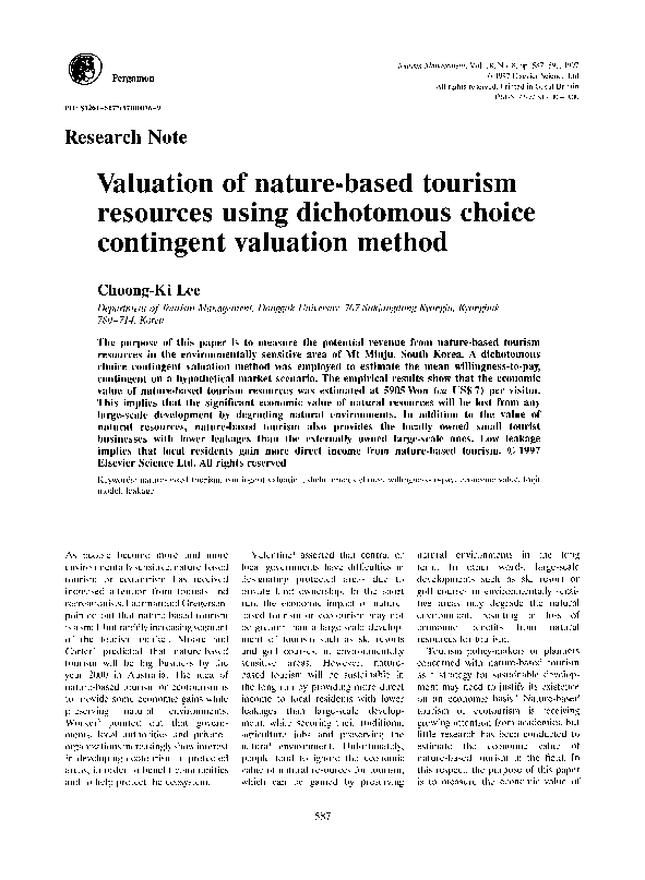 (PDF) Valuation of nature-based tourism resources using dichotomous ...