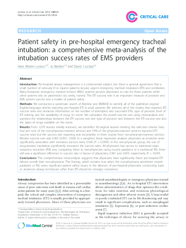 (PDF) Patient safety in pre-hospital emergency tracheal intubation: a ...