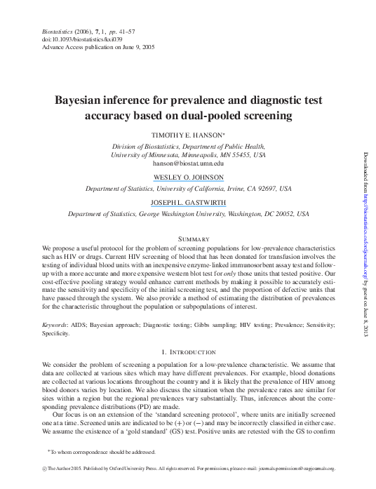 Pdf Bayesian Inference For Prevalence And Diagnostic Test Accuracy Based On Dual Pooled Screening
