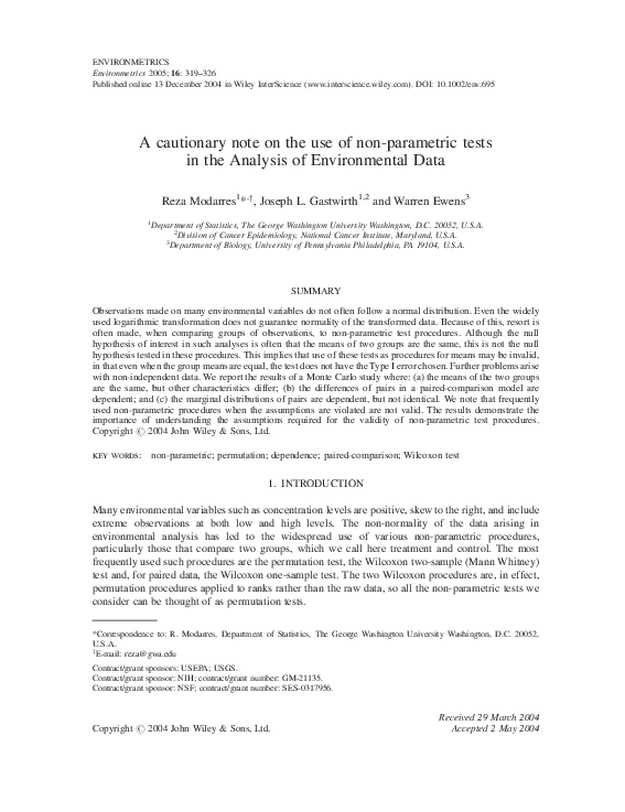 Pdf A Cautionary Note On The Use Of Non Parametric Tests In The Analysis Of Environmental Data