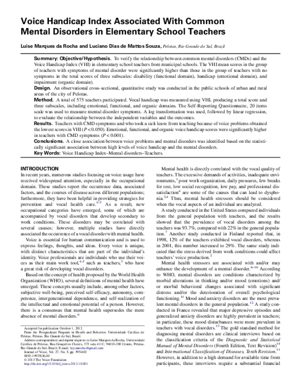 (PDF) Voice Handicap Index in Teachers and Mental Health