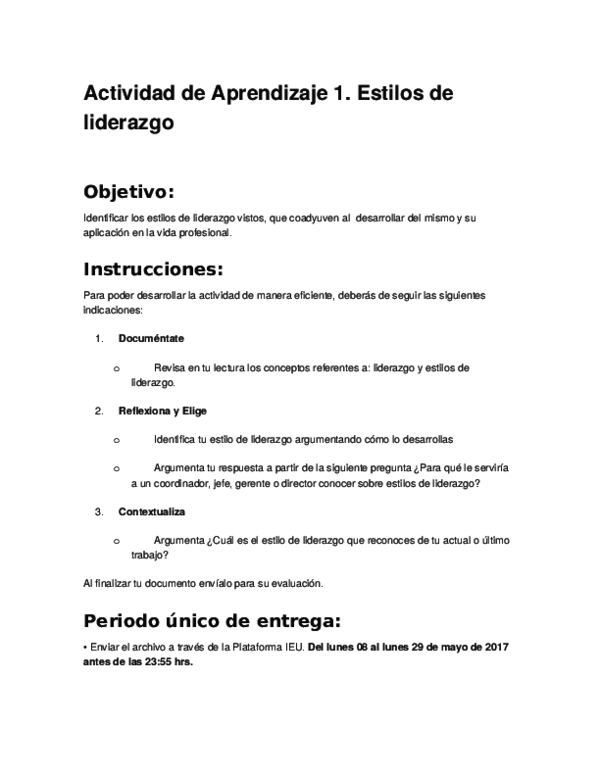 (DOC) Actividad de Aprendizaje 1. Estilos de liderazgo Objetivo