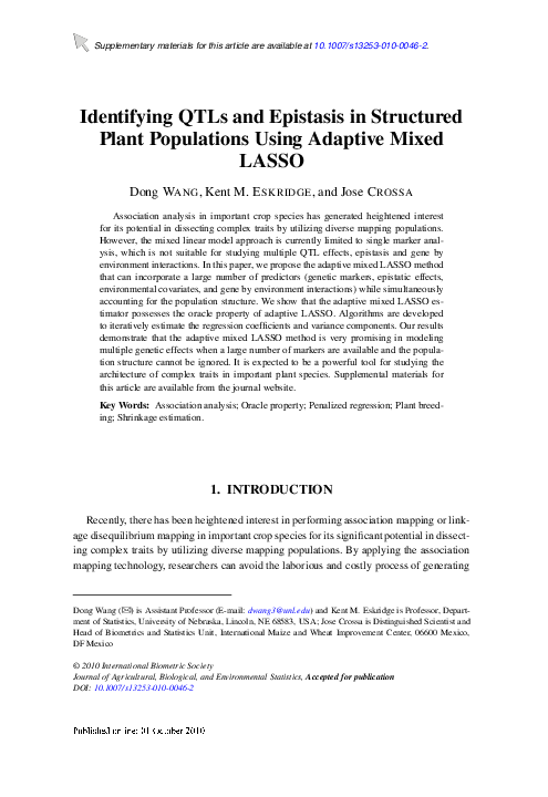 (PDF) Identifying QTLs and Epistasis in Structured Plant Populations Using Adaptive Mixed LASSO
