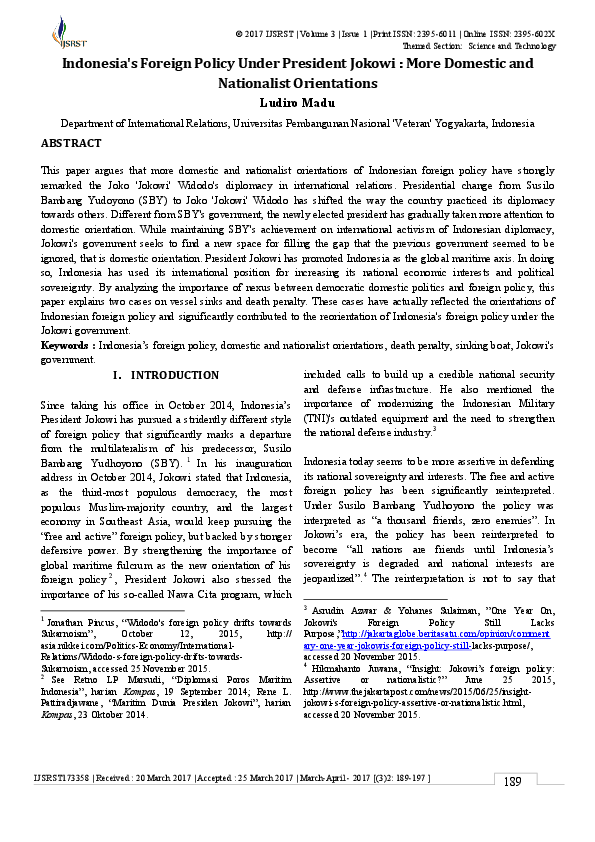 (PDF) Indonesia's Foreign Policy Under President Jokowi : More Domestic ...
