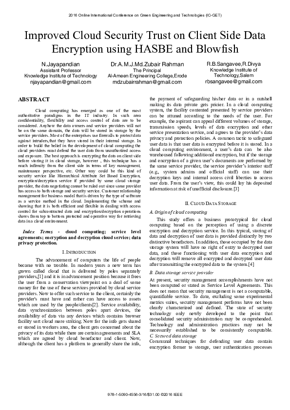 (PDF) Improved Cloud Security Trust on Client Side Data Encryption using HASBE and Blowfish