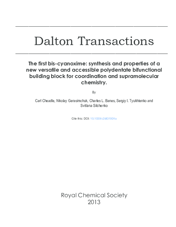 (PDF) Dalton Transactions The first bis-cyanoxime: synthesis and properties of a new versatile ...