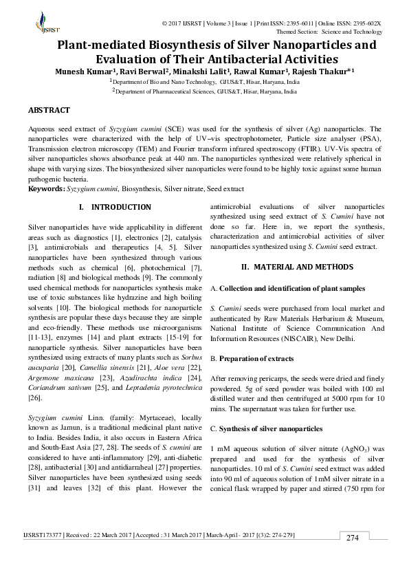 (PDF) Plant-mediated Biosynthesis of Silver Nanoparticles and Evaluation of Their Antibacterial ...