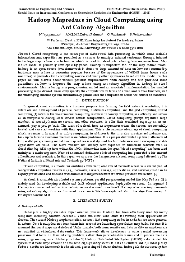 Pdf Hadoop Mapreduce In Cloud Computing Using Ant Colony Algorithm