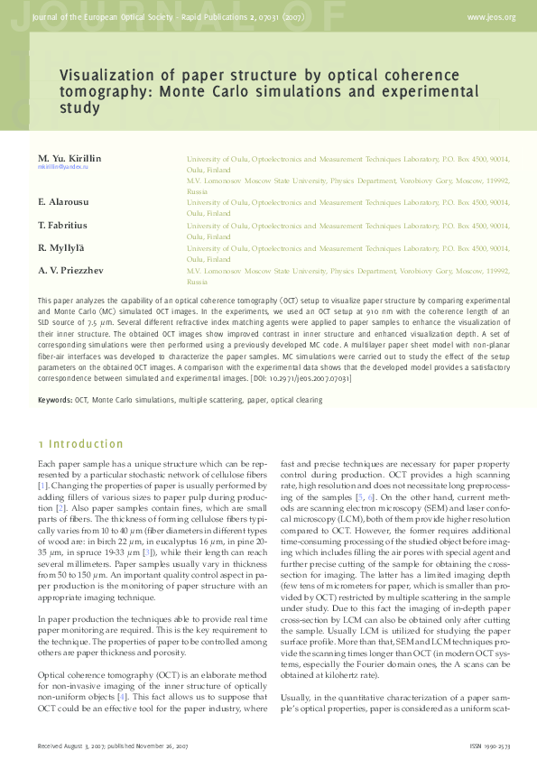 (PDF) Visualization of paper structure by optical coherence tomography: Monte Carlo simulations ...
