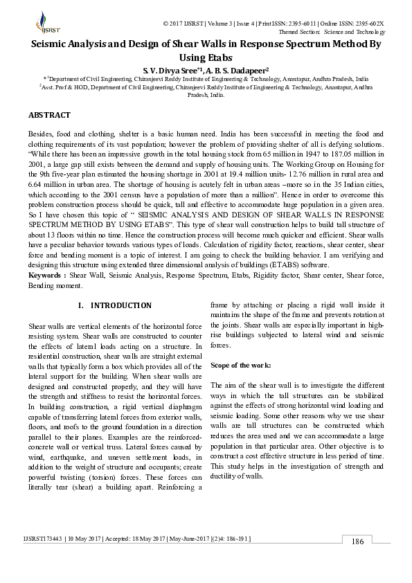 Pdf Seismic Analysis And Design Of Shear Walls In Response Spectrum Method By Using Etabs