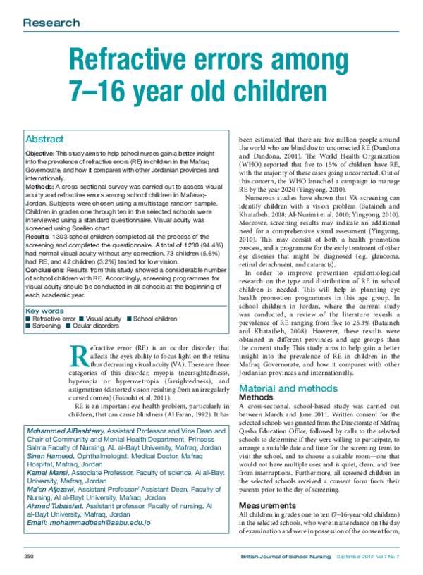 (PDF) Refractive errors among 7–16 year old children