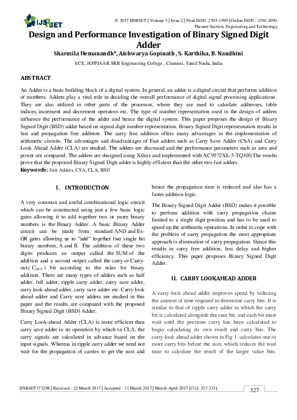 (PDF) Design and Performance Investigation of Binary Signed Digit Adder