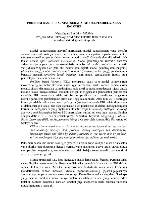 (DOC) PROBLEM BASED LEARNING SEBAGAI MODEL PEMBELAJARAN INOVATIF