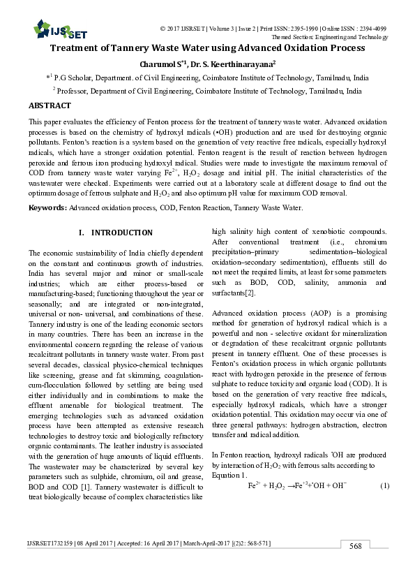 (PDF) Treatment of Tannery Waste Water using Advanced Oxidation Process