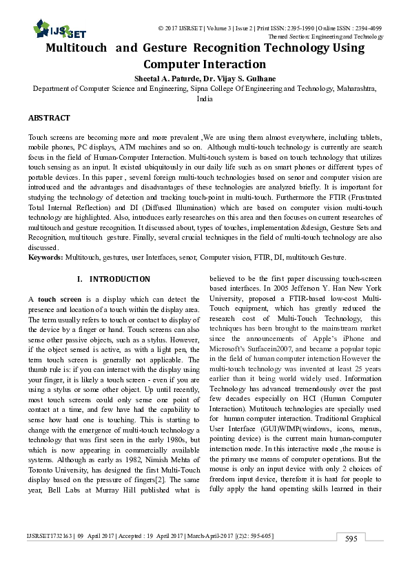 (PDF) Multitouch and Gesture Recognition Technology Using Computer Interaction