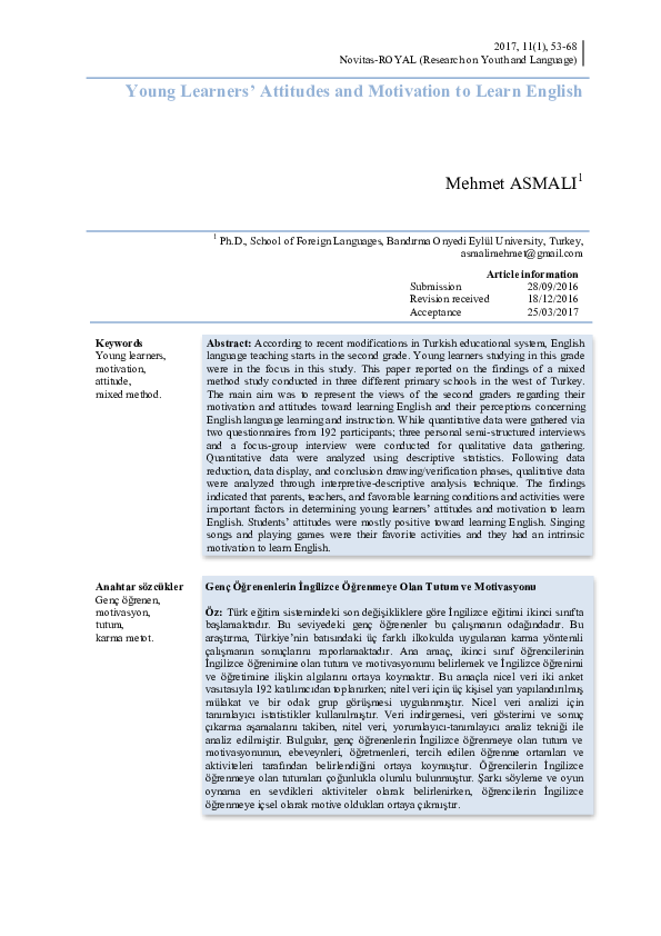 (PDF) Young Learners' Attitudes and Motivation to Learn English