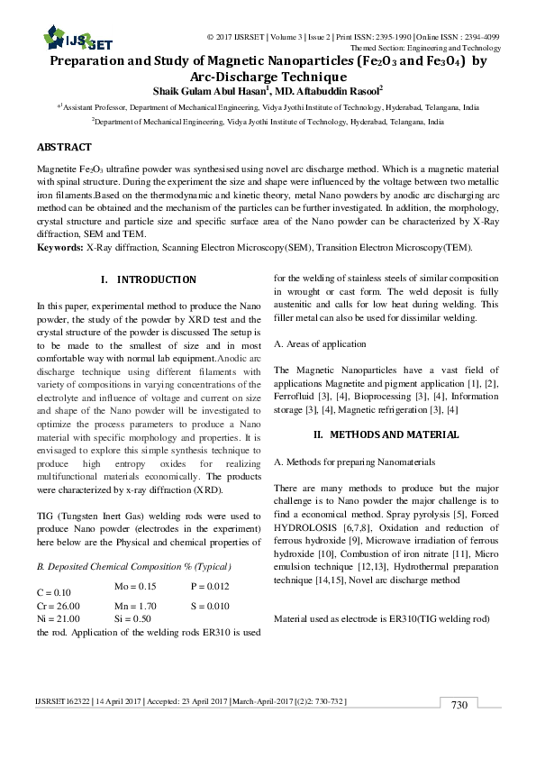 (PDF) Preparation and Study of Magnetic Nanoparticles (Fe2O3 and Fe3O4) by Arc-Discharge Technique