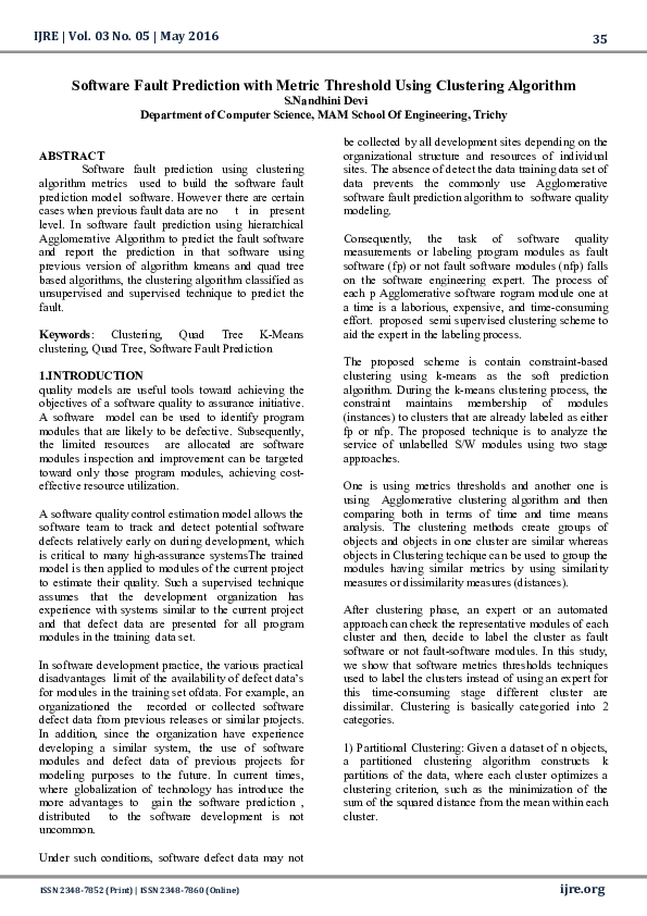 Pdf Software Fault Prediction With Metric Threshold Using Clustering Algorithmpdf Ijre Org