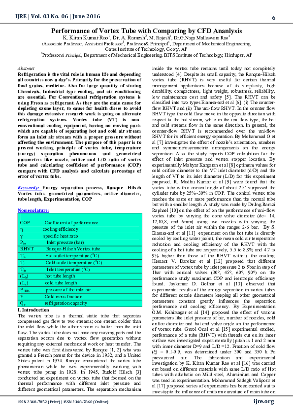 (PDF) Performance of Vortex Tube with Comparing by CFD Ananlysis | IJRE ...