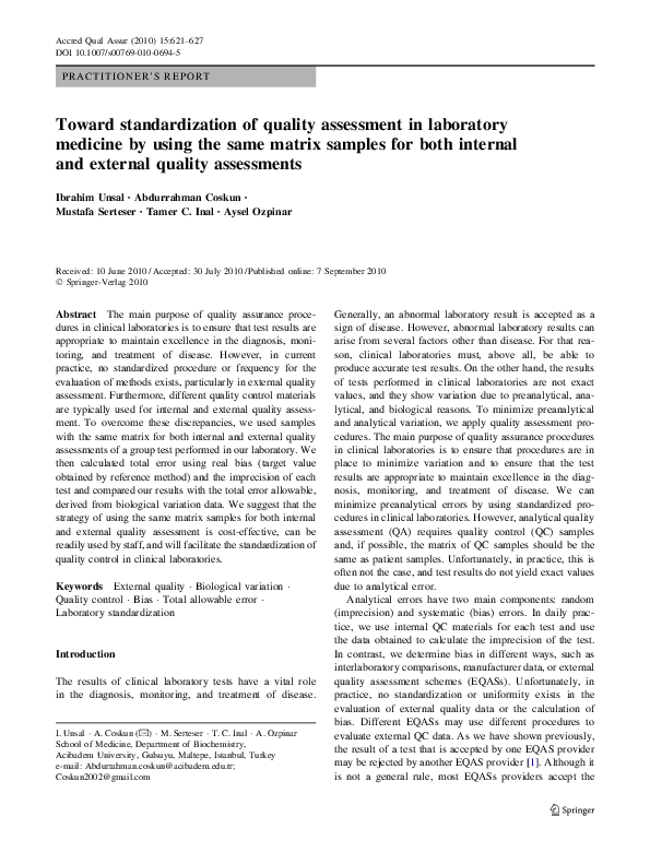 (PDF) Comparison of procedures for evaluating laboratory performance in ...