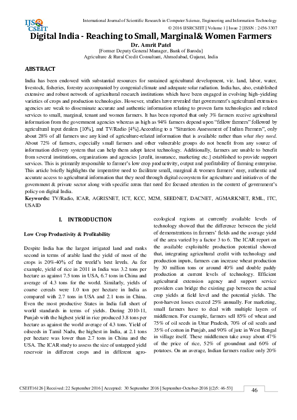 (PDF) Digital India -Reaching to Small, Marginal& Women Farmers