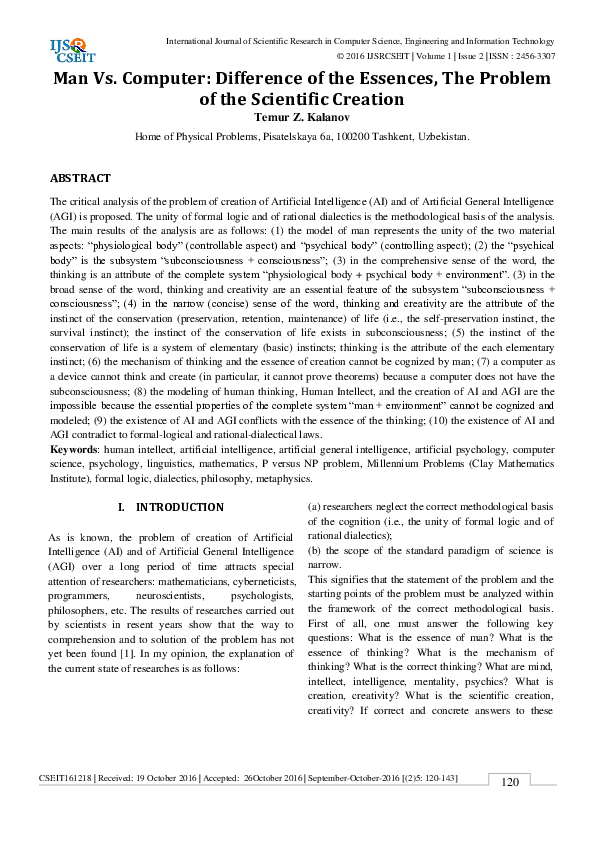 (PDF) Man Vs. Computer: Difference of the Essences, The Problem of the ...