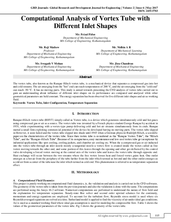 (PDF) Computational Analysis of Vortex Tube with Different Inlet Shapes
